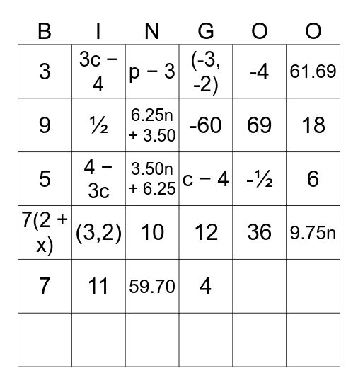 Ms. Reid's Bingo Card