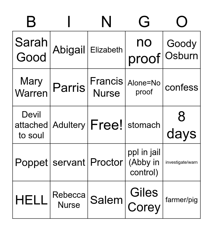 Act II Bingo Card
