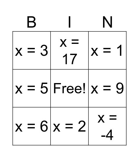 Two Step Equations Bingo Card