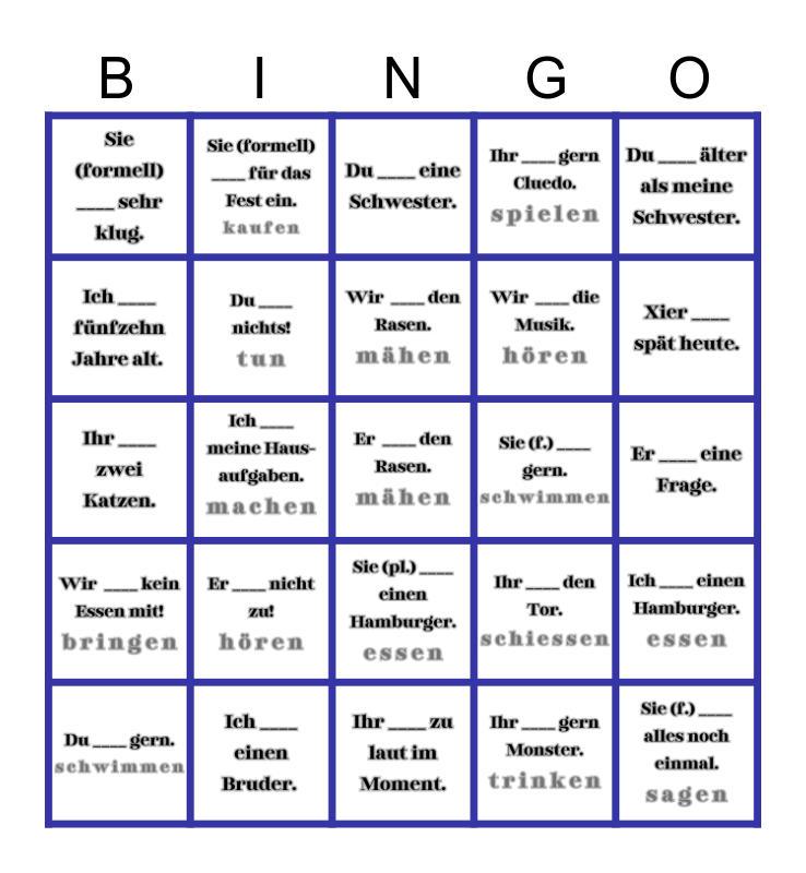 Conjugations Bingo (Sentences) Bingo Card