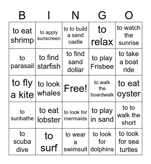 A Day at the Beach Spanish Vocab Bingo Card