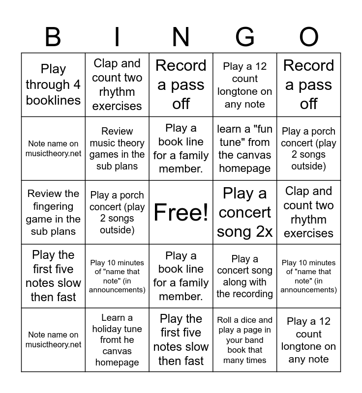 Beginning Band Fall Break Bingo Card
