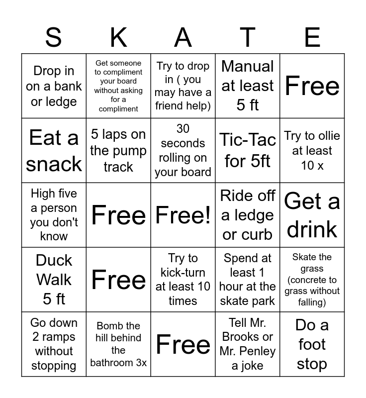 21:12 Skateboard Bingo Card