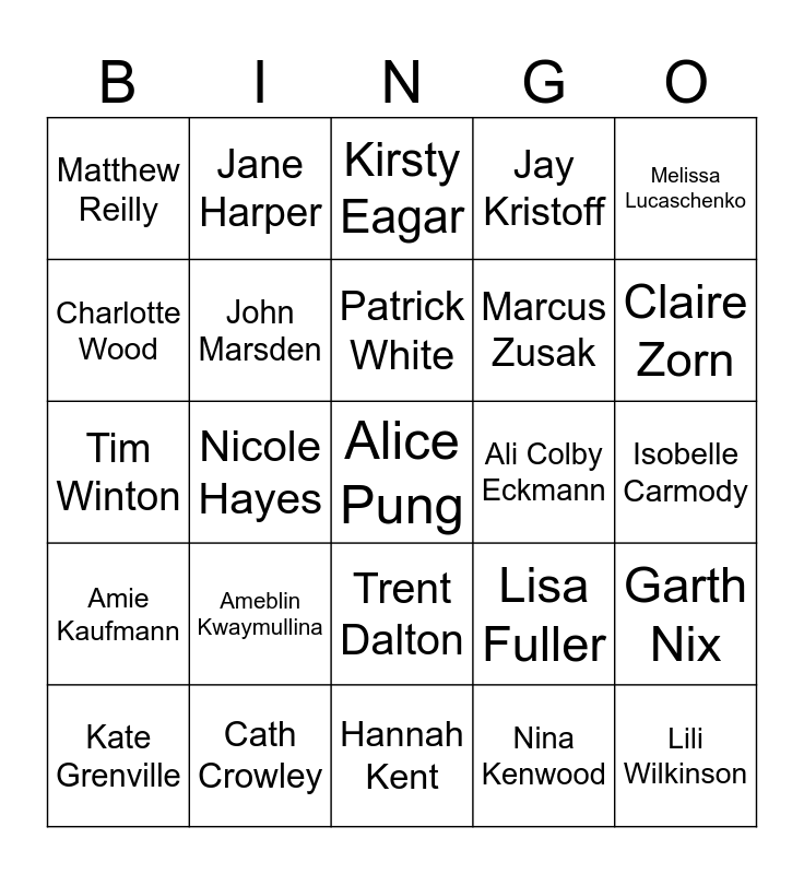Australian Authors Bingo Card