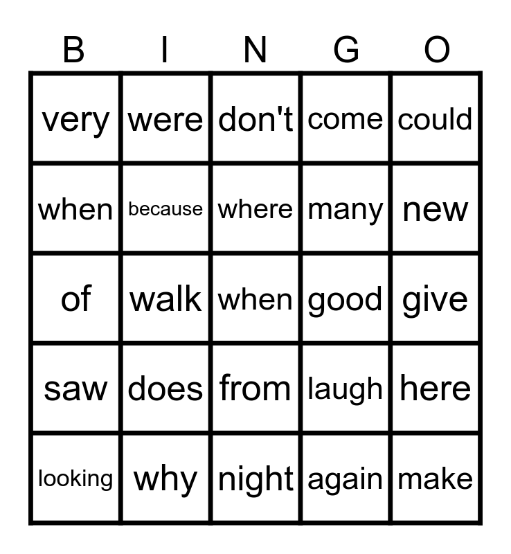 SITE WORD BINGO LEVELS G, H & I Bingo Card
