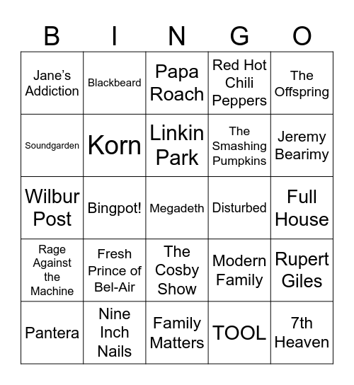 Wholesome TV, Functional Families, & 90s Rock Bingo Card