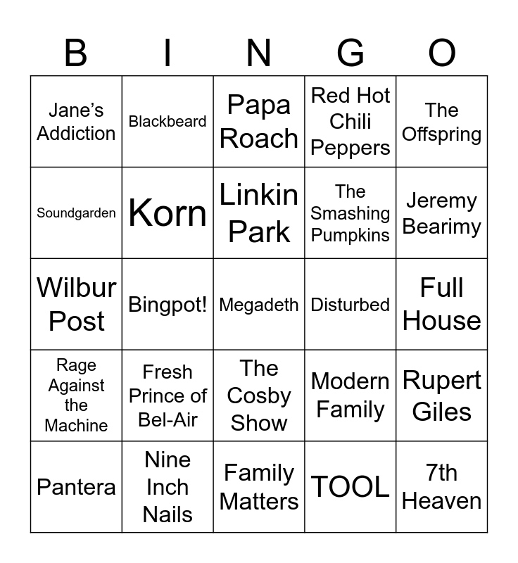 Wholesome TV, Functional Families, & 90s Rock Bingo Card