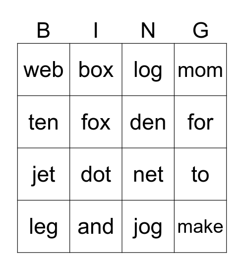 Kindergarten Short "e" "o" words Bingo Card