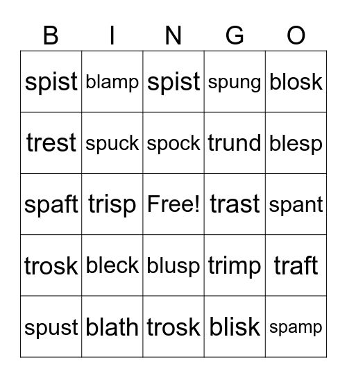 Beginning/End Blend Nonsense Words Bingo Card
