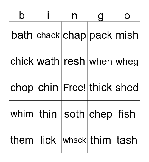 Digraph Bingo Card