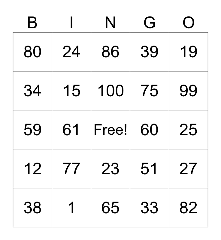 Numbers 1-100 Bingo Card