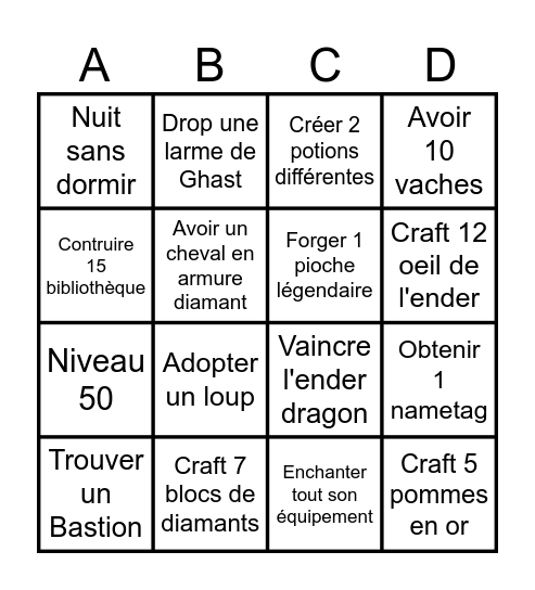 Bingo Challenge Minecraft Bingo Card
