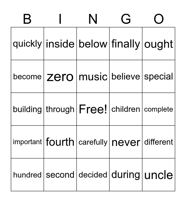 2nd grade high frequency word Bingo Card