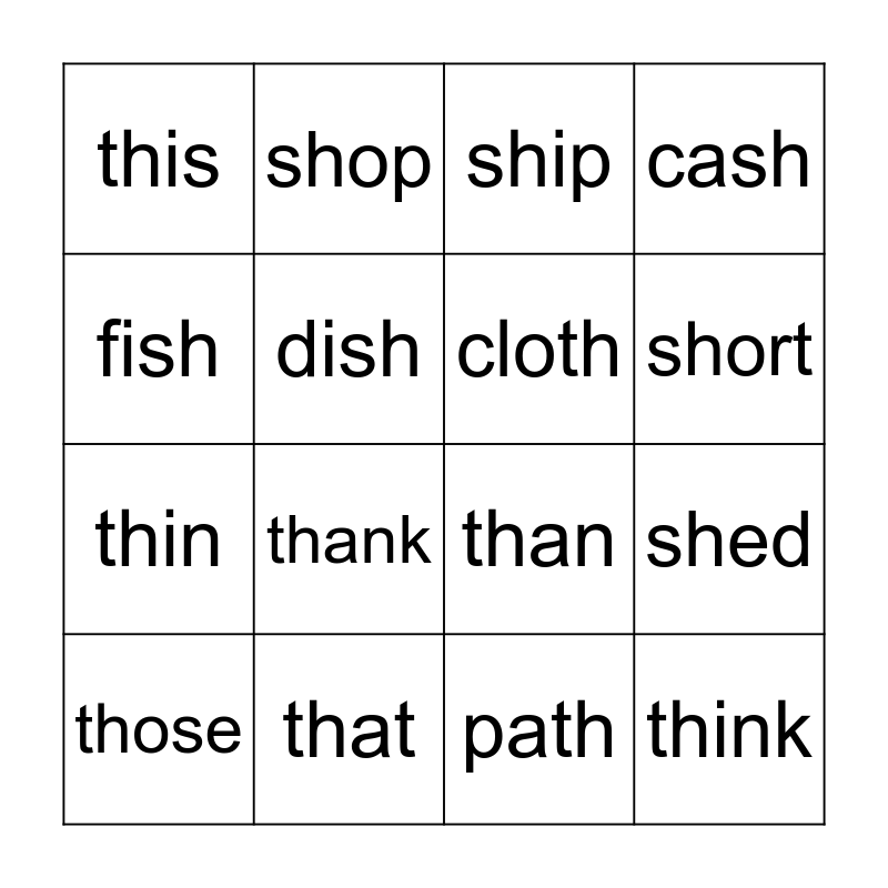 Sh and Th sounds Bingo Card