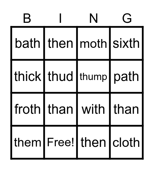 Th Digraph Bingo Card