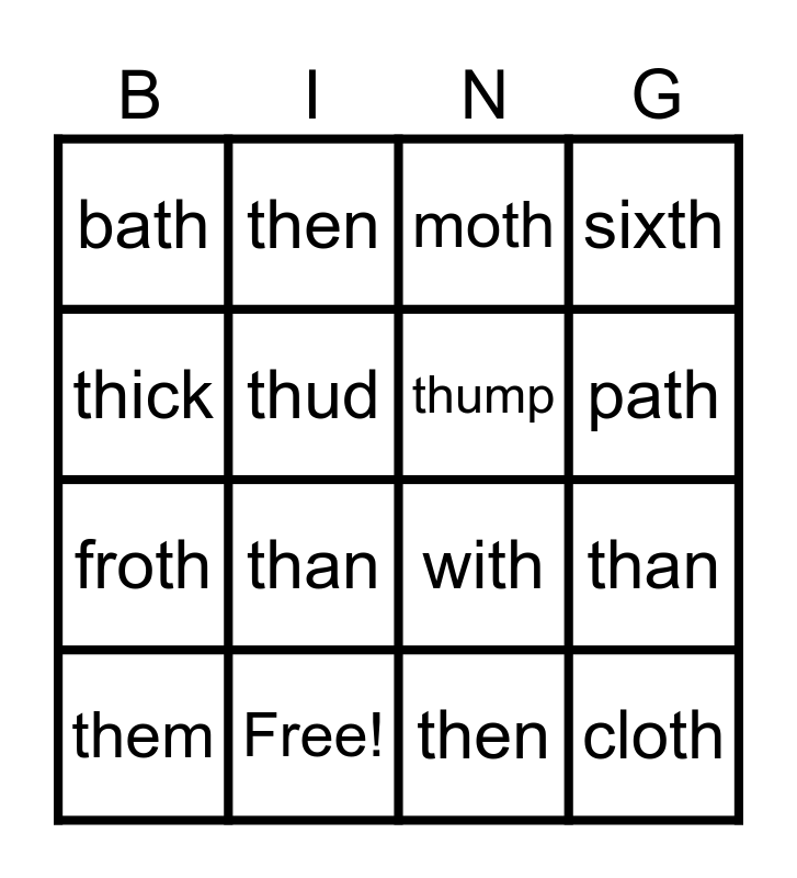 Th Digraph Bingo Card
