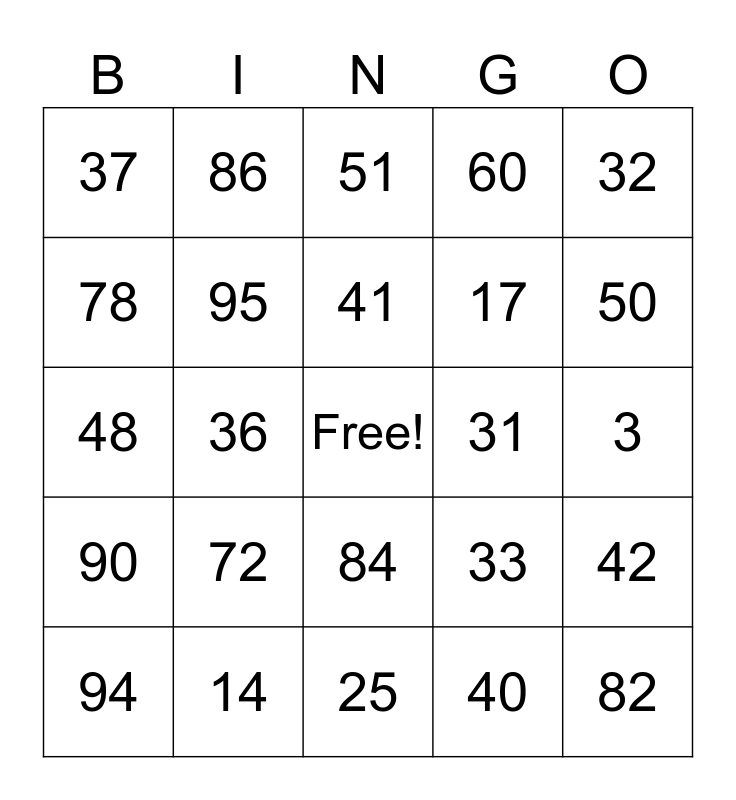 Bingo 1 - 100 Bingo Card