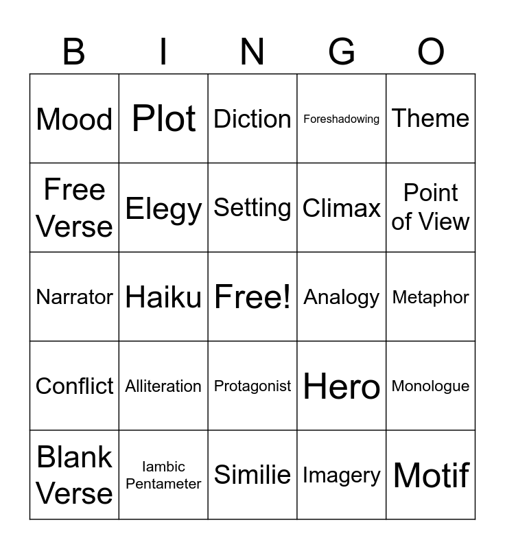 Literary Device Bingo Card
