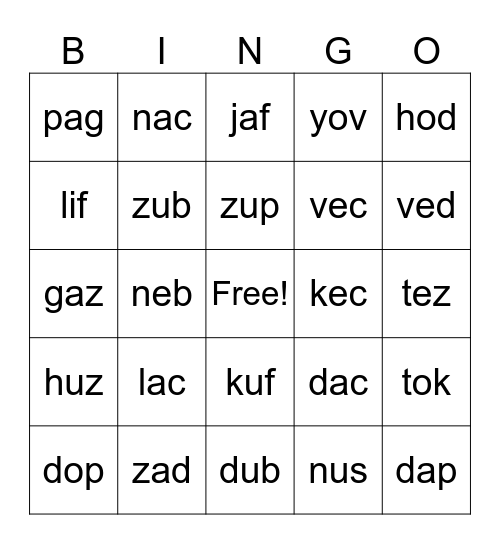 Nonsense Word BINGO Card