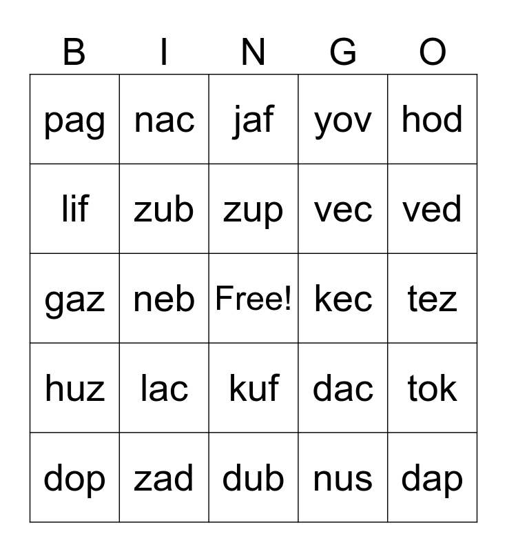 Nonsense Word BINGO Card