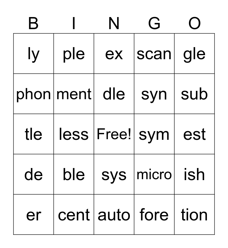 Sight Syllable BINGO Card