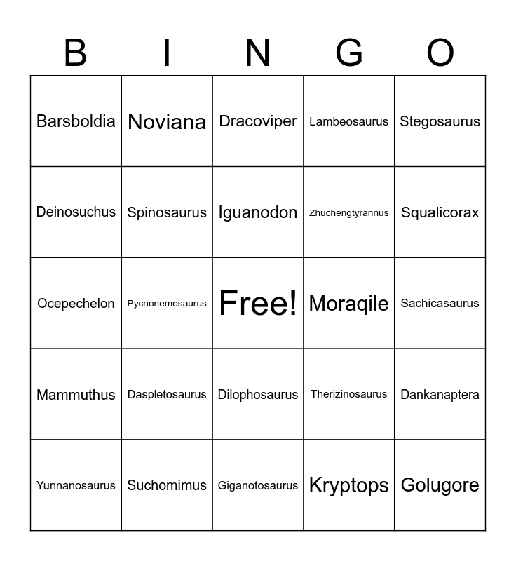 PoT Dinos Bingo Card