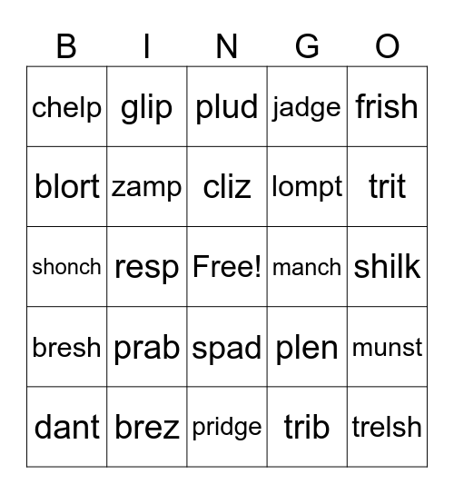 Beginning and ending blends nonsense words Bingo Card