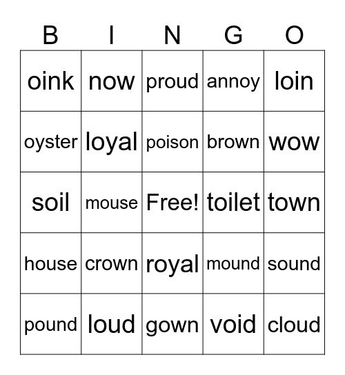 OU OW OI OY Bingo Card
