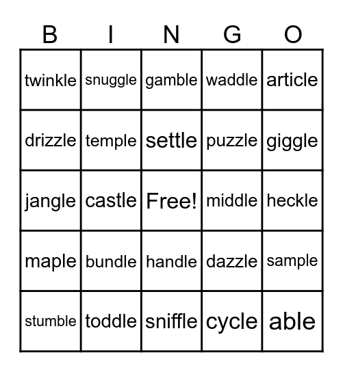 Multisyllabic BIngo Card