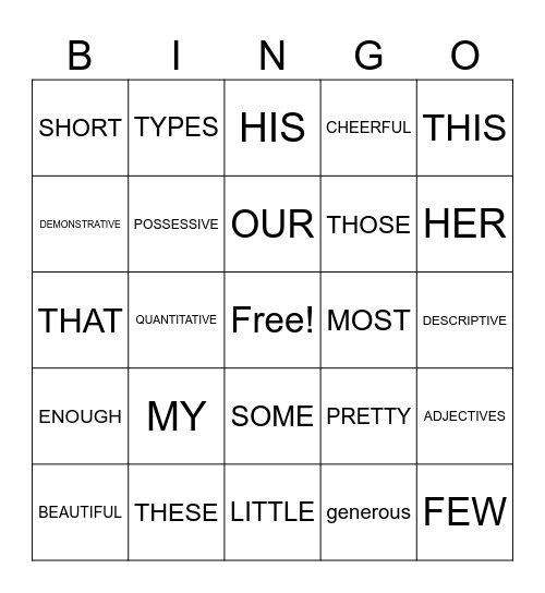 Adjective Bingo Card