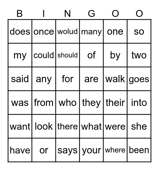 Heart Words 42-68 Bingo Card