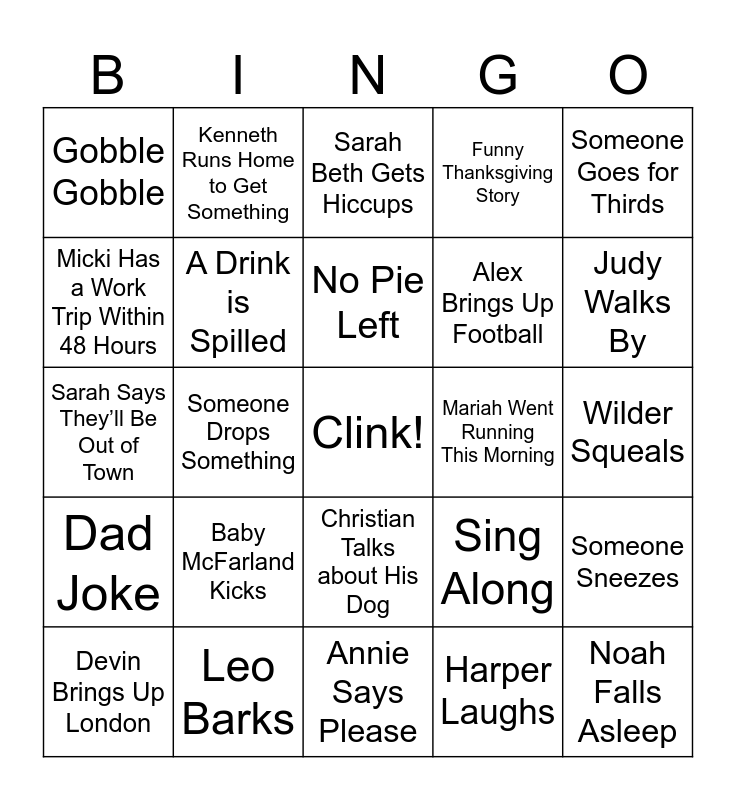 James' Friendsgiving Bingo Card