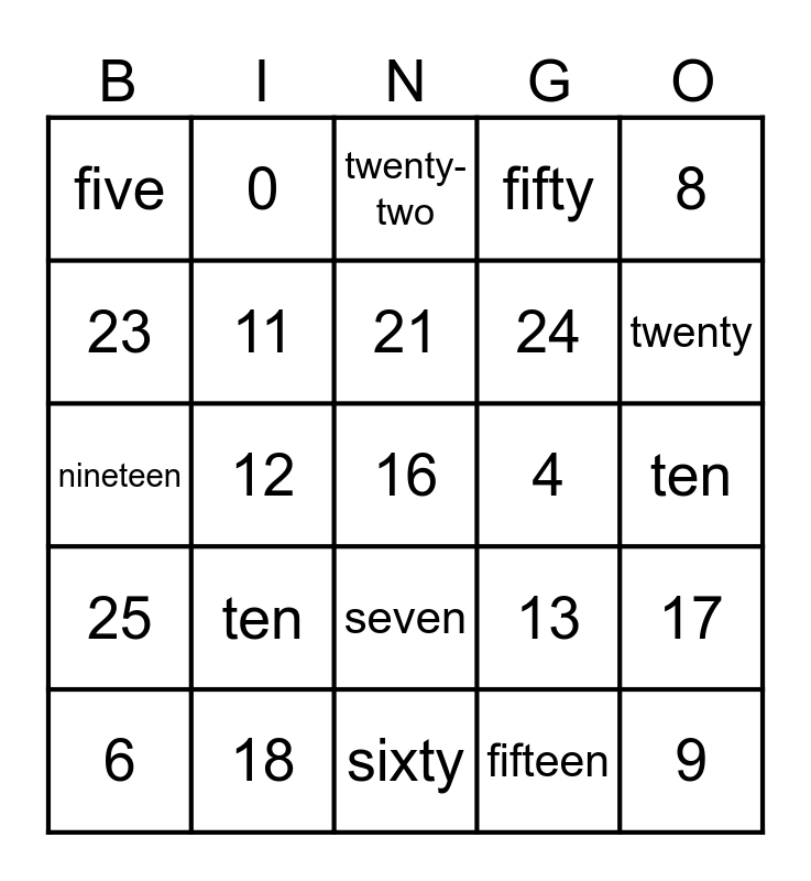 Numbers 0- 100 and letters Bingo Card