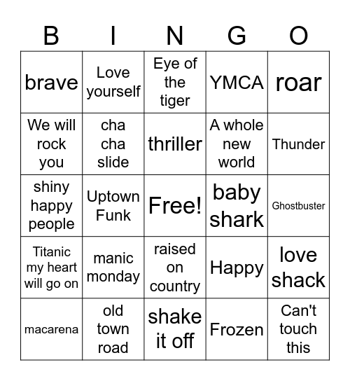 Graham Elementary Song Bingo Card