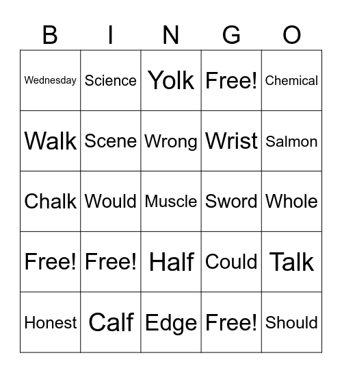 Spelling Week 13: Silent Letters 1 Bingo Card