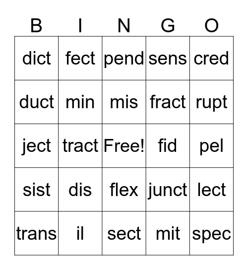 Prefix and Root Word Bingo Card