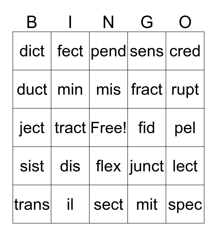 Prefix and Root Word Bingo Card