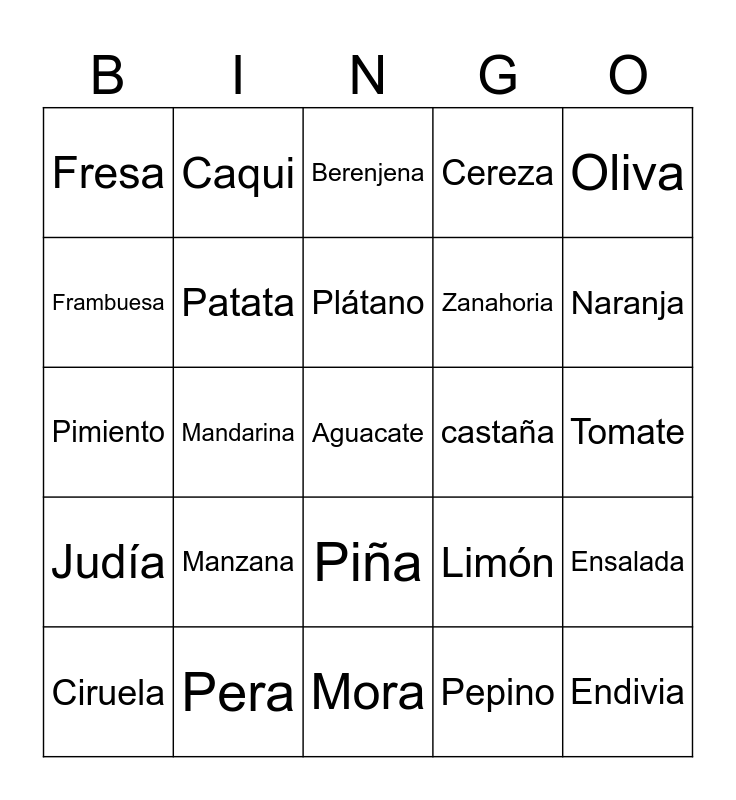 Fruta y verdura Bingo Card
