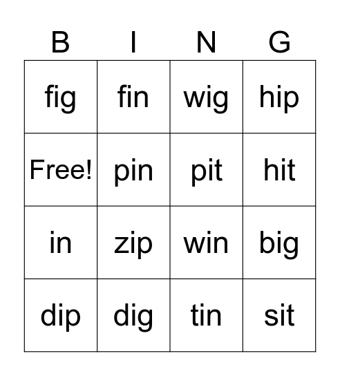 Short i Bingo Card