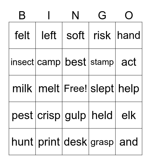 Final Consonant Blend Bingo Card