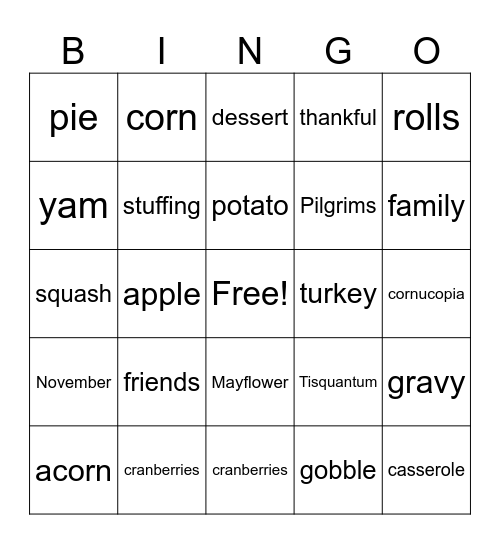 Thanksgiving Vocab Bingo Card