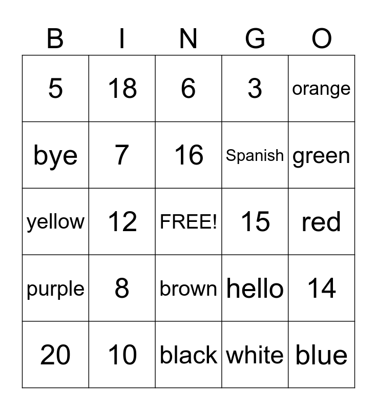 Numbers in Spanish Bingo Card