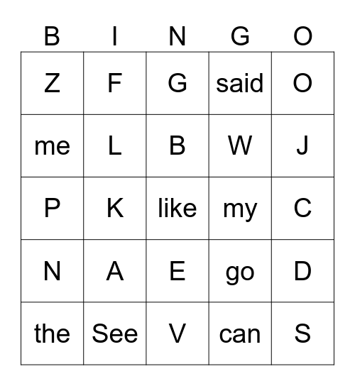 Kindergarten Bingo Card