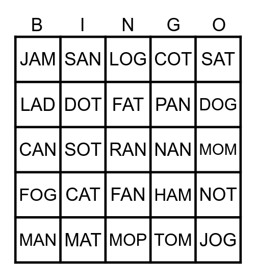 CVC Words Bingo Card