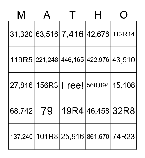 Multiplying and Dividing Whole Numbers Bingo Card