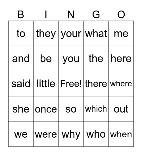 Tricky Words Bingo Card