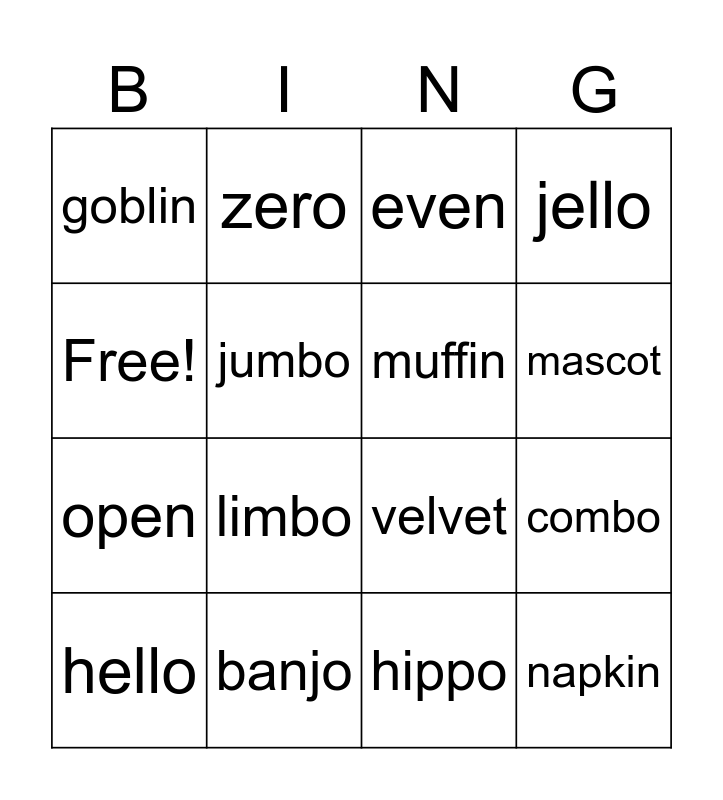 Closed/Open Syllables Bingo Card