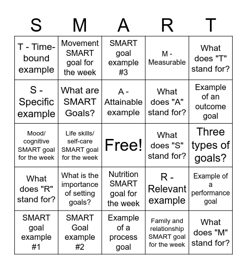 SMART Goals Bingo Card SMART Goals Bingo Card