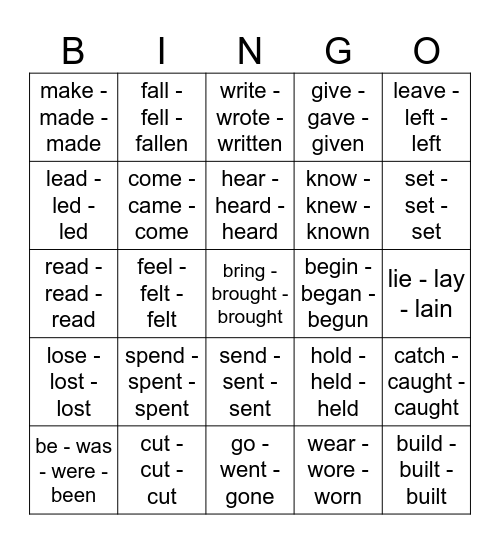 Irregular Verbs Bingo Card