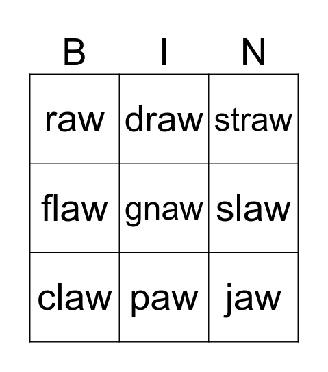 -AR Word Bingo Card